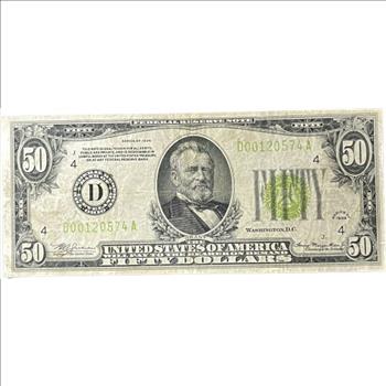 * 1934 Series U.S. Fifty Dollar ($50) Federal Reserve Note with Light ...