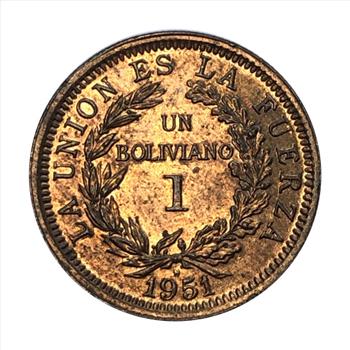 *1951-H Bolivia Uncirculated One Boliviano Coin | Property Room