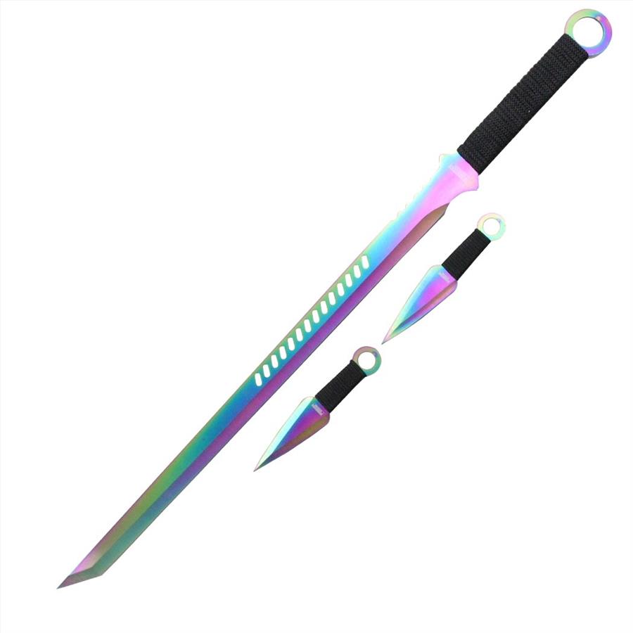 28" Sword with 2 Throwing knives Rainbow Female Fantasy Full Tang Ninja ...