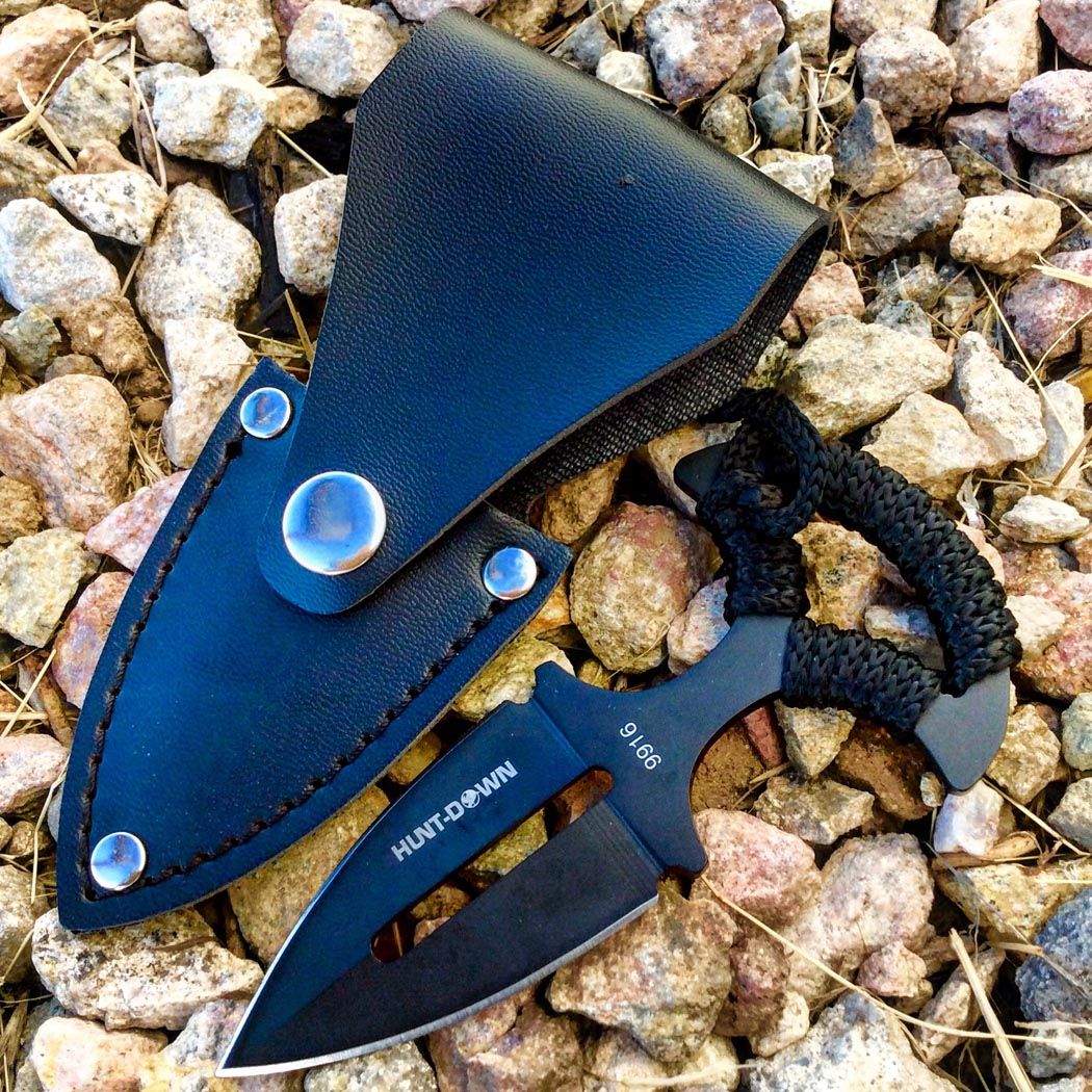 Hunt-Down 5" Push Dagger Hunting Knife with Leather Sheath Black Cord ...