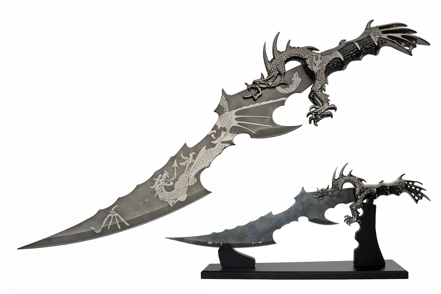21” Jagged Dragon Printed Display Fantasy Sword With Wooden Display Stand | Property Room