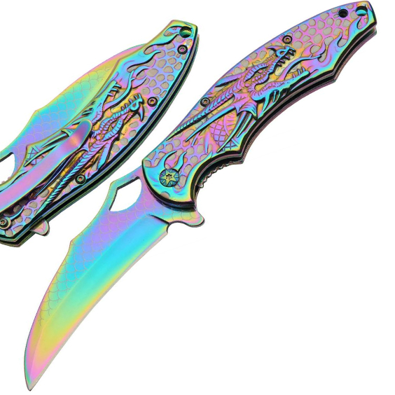 4.75" RAINBOW DRAGON HEAD FOLDER FOLDING KNIFE SPRING ASSISTED EDC ...
