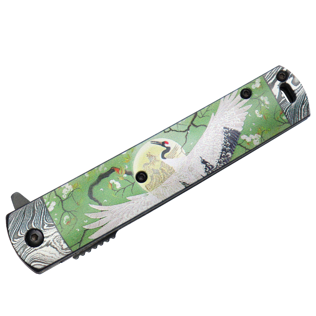 8" Crane Design Handle Black Blade Spring Assisted Folding Knife ...