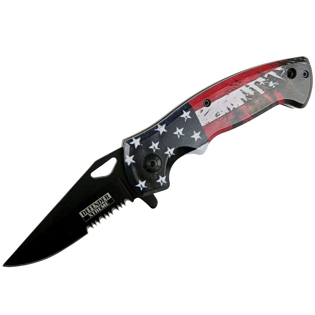 Defender-Xtreme 7.5" USA Flag Handle Spring Assisted Folding Knife ...