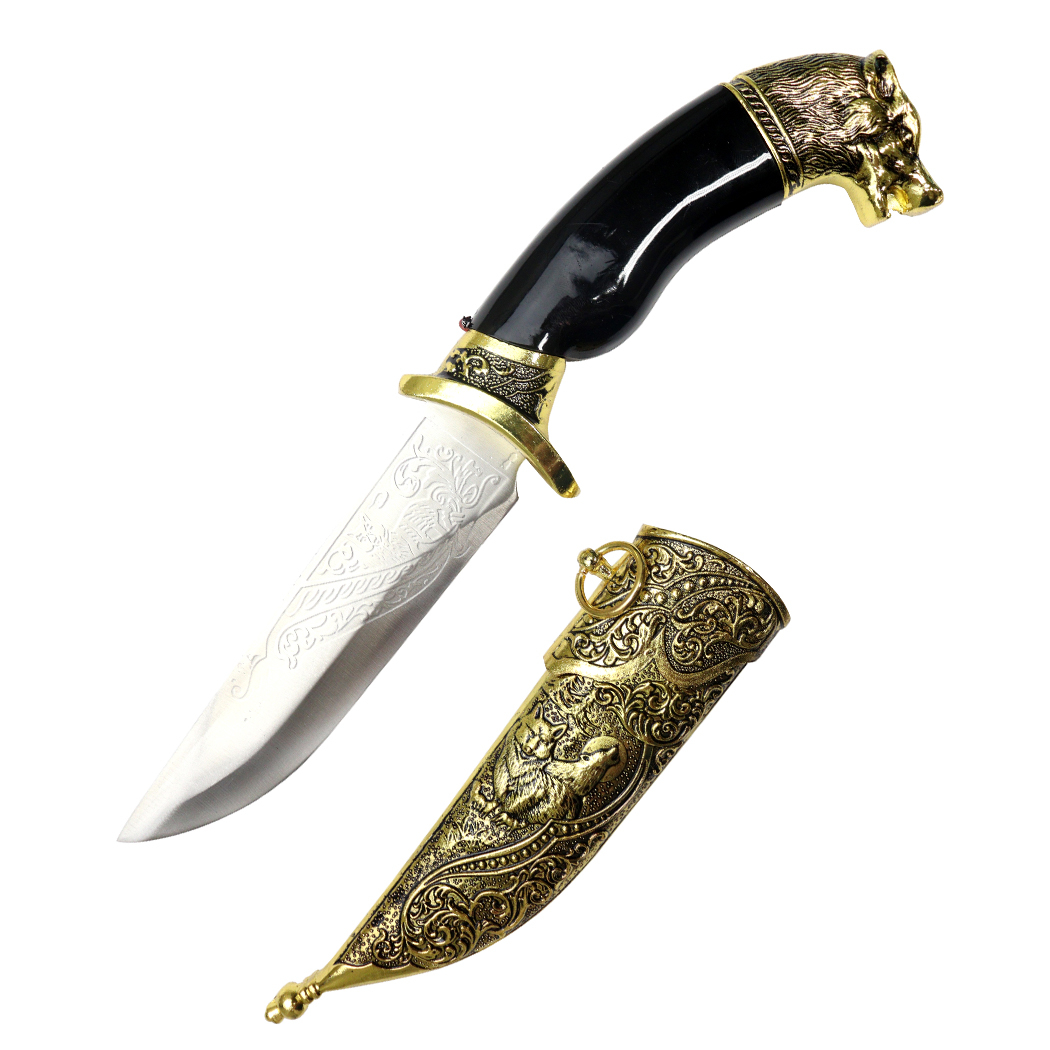 12" Wolf Head Black Plastic Handle Stainless Steel Blade Fantasy Dagger ...