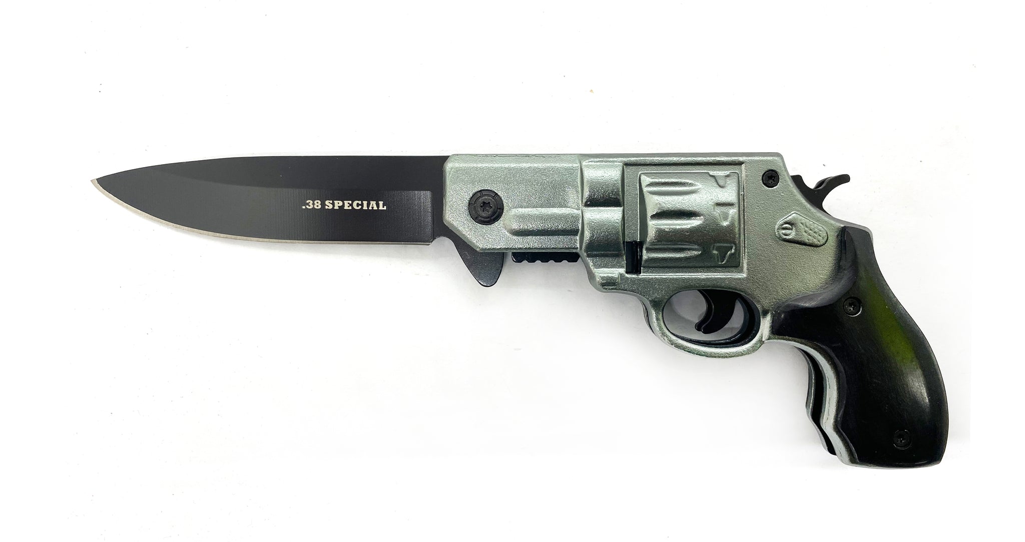 38 Special Revolver Pistol Spring Assisted Knife Silver Handle ...
