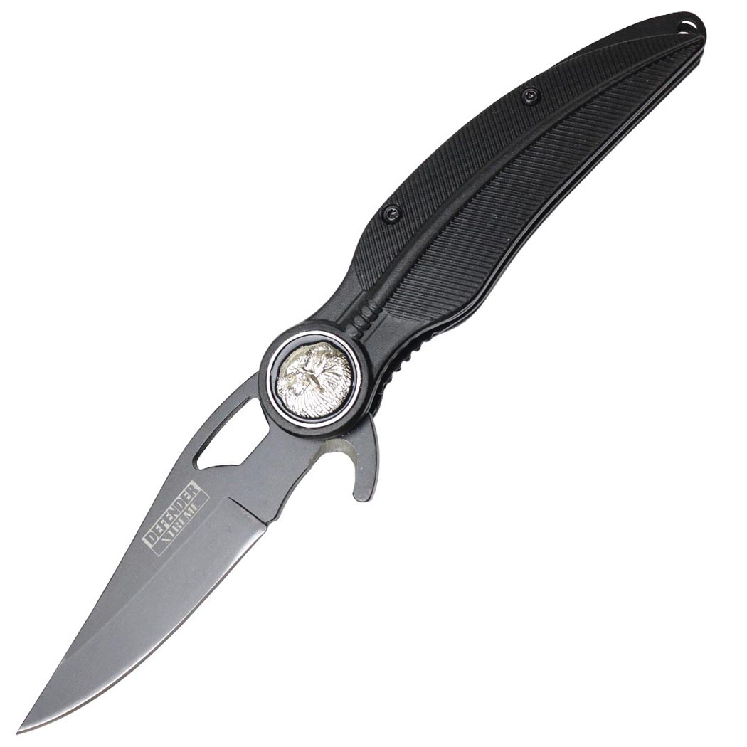 Defender-Xtreme 8" All Black Spring Assisted Folding Knife Leaf Design ...
