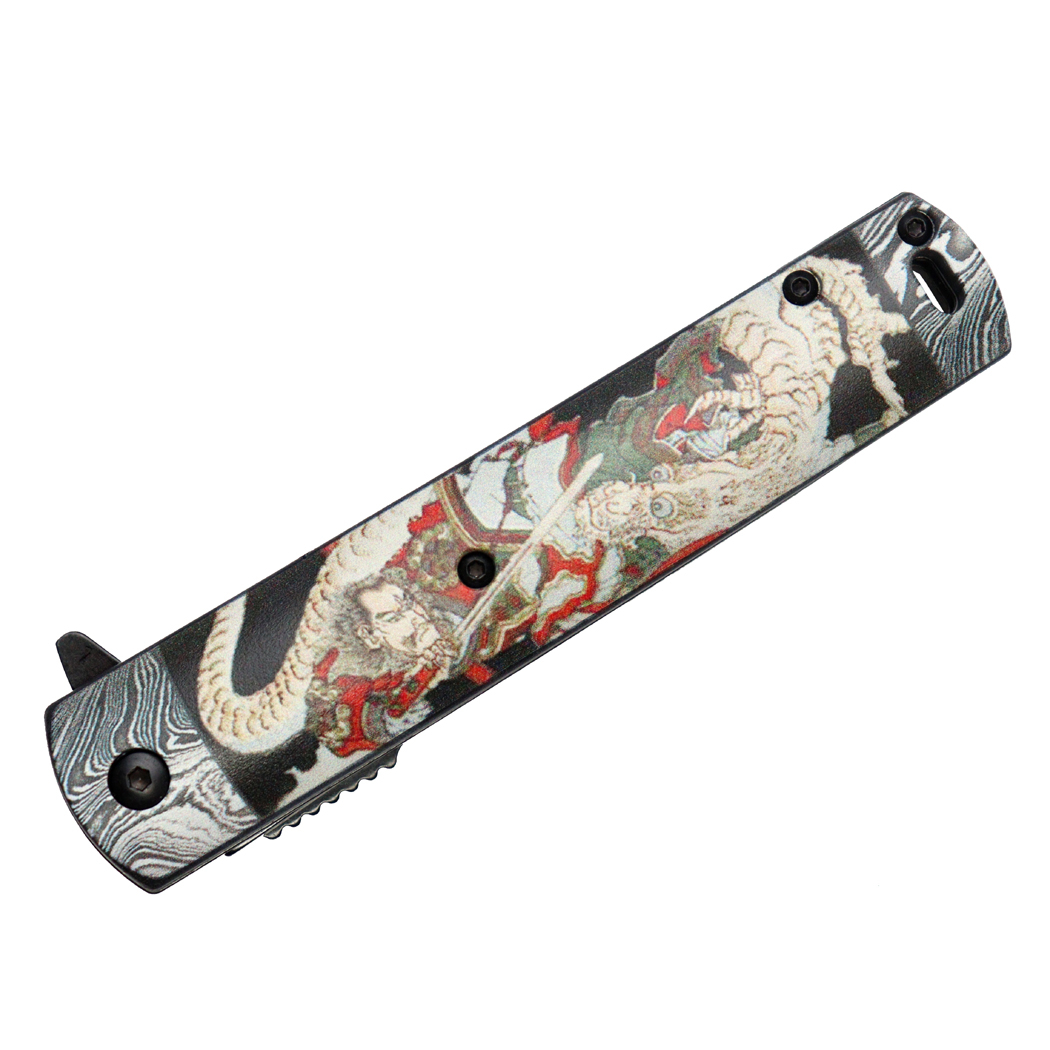 8" Warrior & Dragon Design Handle Black Blade Spring Assisted Folding ...