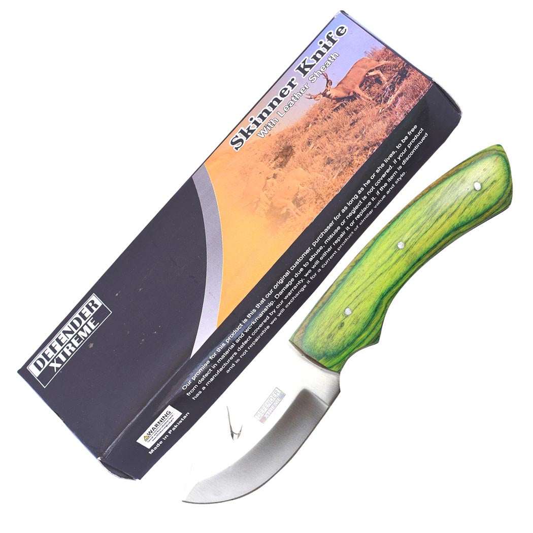Defender-Xtreme 8" Green Wood Handle Stainless Steel Hook Blade Hunting ...