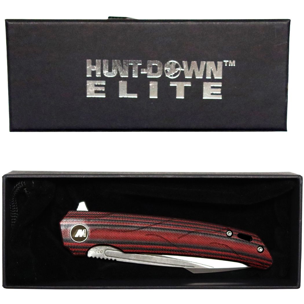 Hunt-Down 8" Black & Red G10 Handle Stain Finish Blade Ball Bearing ...