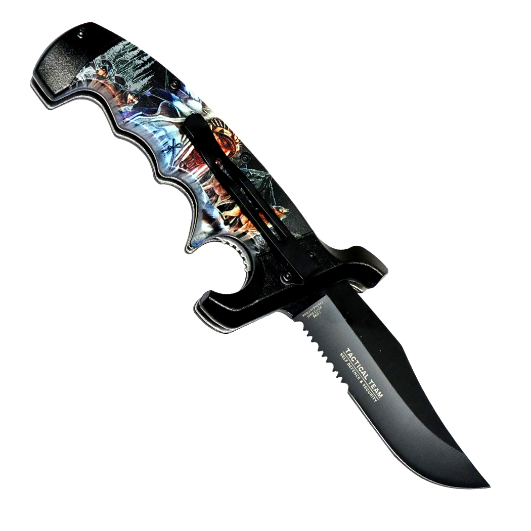 Defender-Xtreme 9" Indian Tribe & Wolves Spring Assisted Folding Knife ...