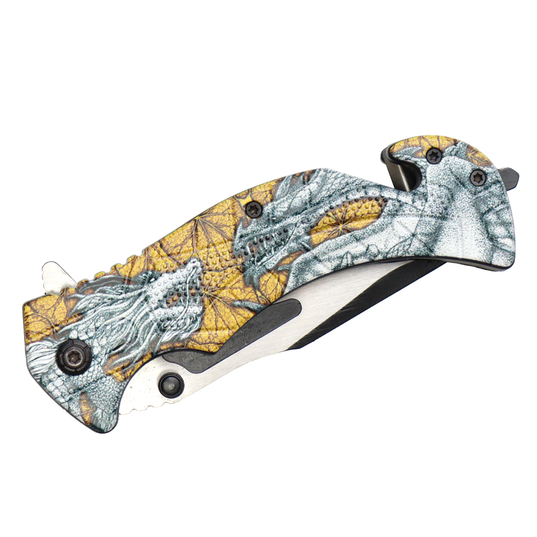 Defender-Xtreme 8" Dragon Design Handle Two Tone Blade Spring Assisted ...