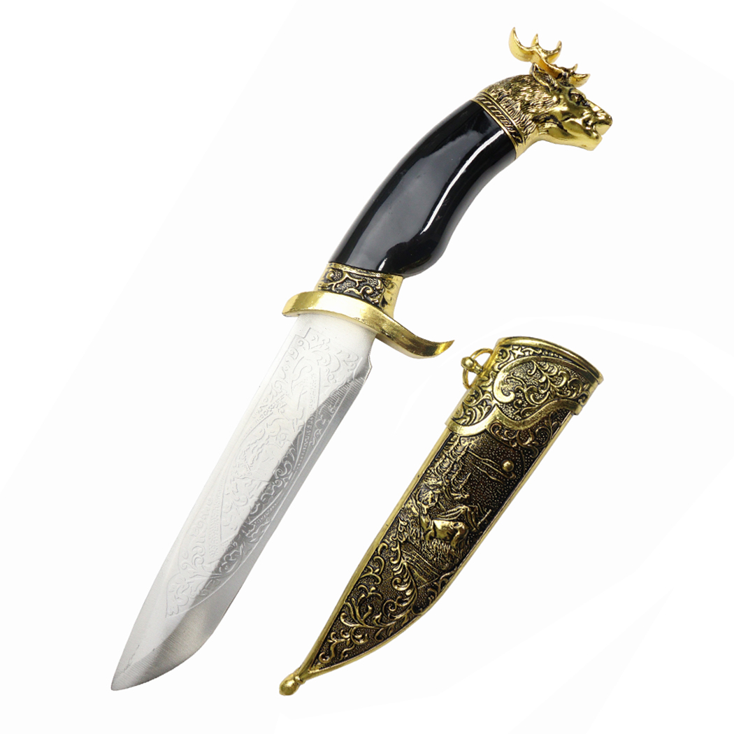12" Deer Head Black Plastic Handle Stainless Steel Blade Fantasy Dagger ...