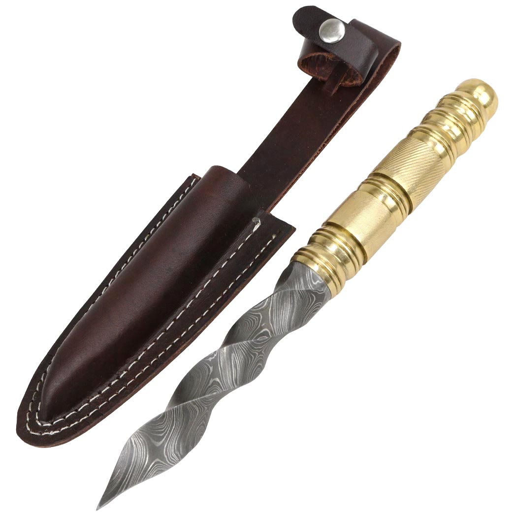 TheBoneEdge 10" Damascus Folded Steel Twist Dagger Gold Handle Leather ...
