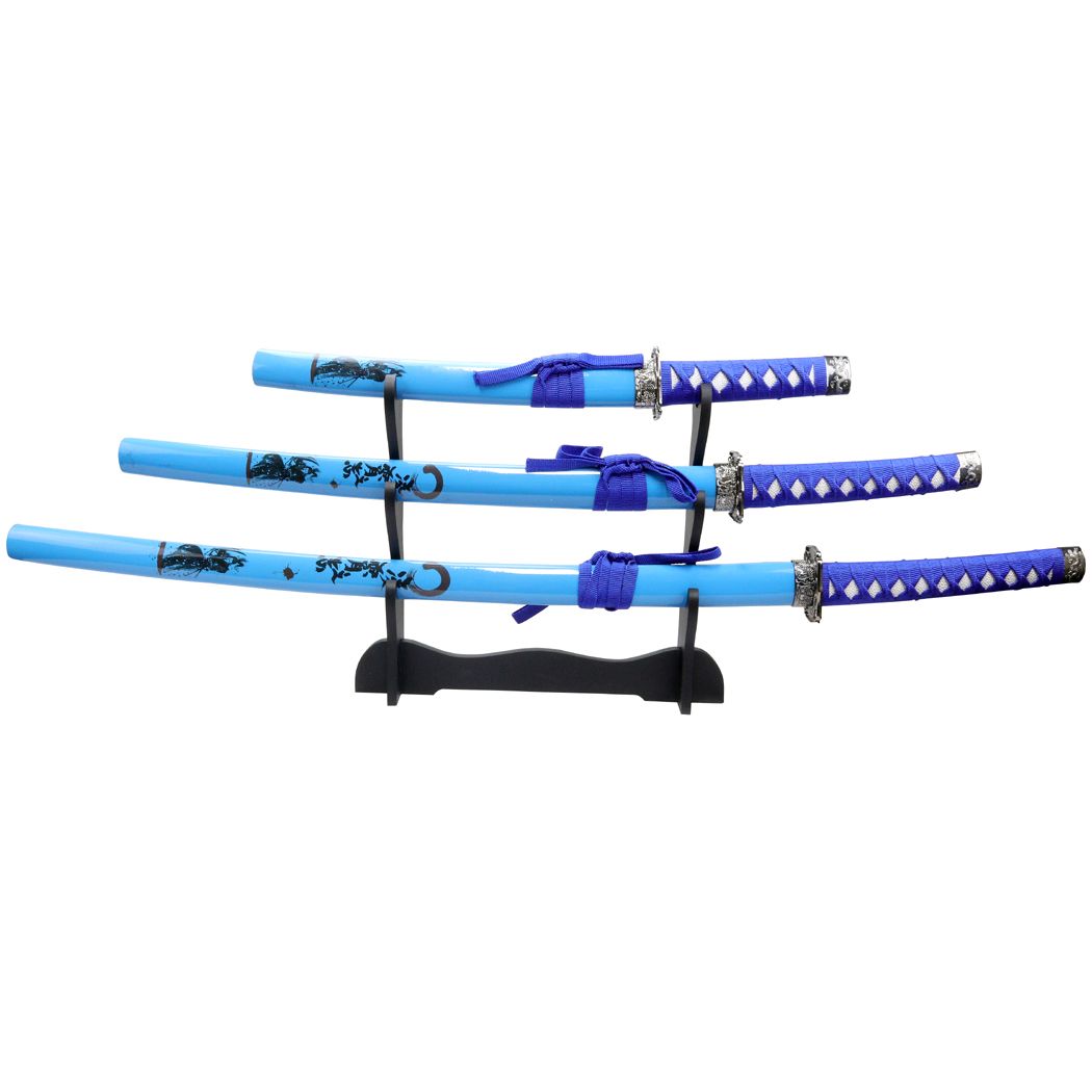 3pc Light Blue Samurai Sword Set Carbon Steel Blades with Stand ...