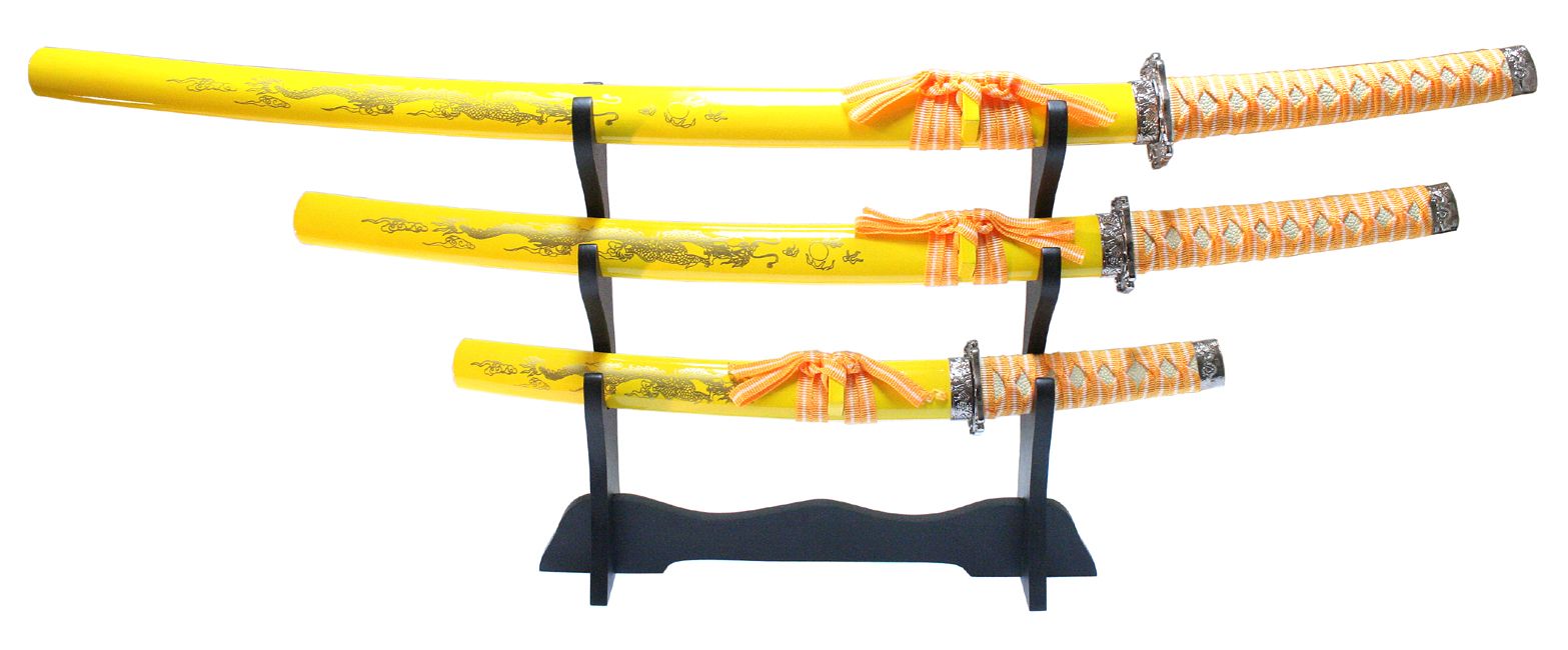 3 Pc Yellow Dragon Design Samurai Katana Swords Set with Stand ...