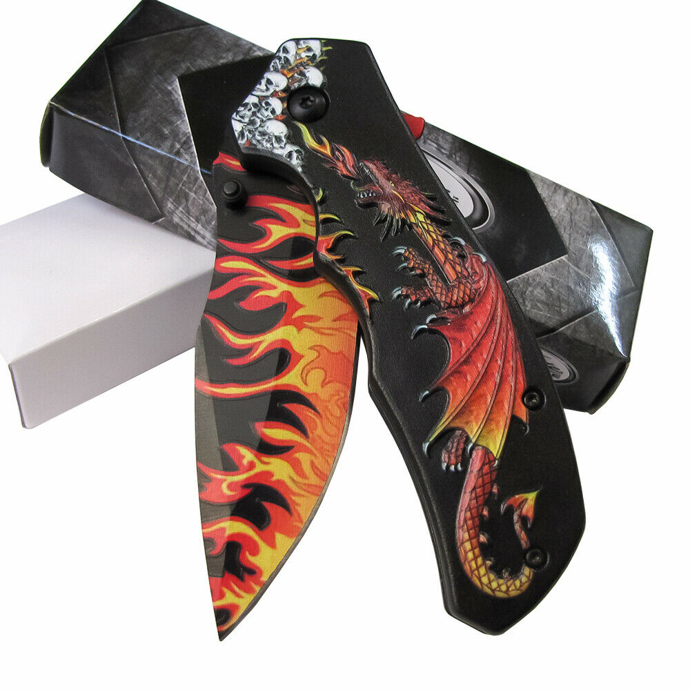 Dragon's Flame Spring Assisted Knife Fantasy Red Dragon Pocket 8 1/4 ...