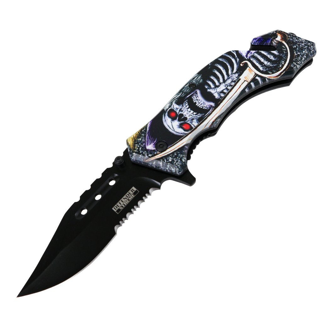 Defender-Xtreme 8" Sword Skull Spring Assist Folding Knife W/ Belt ...