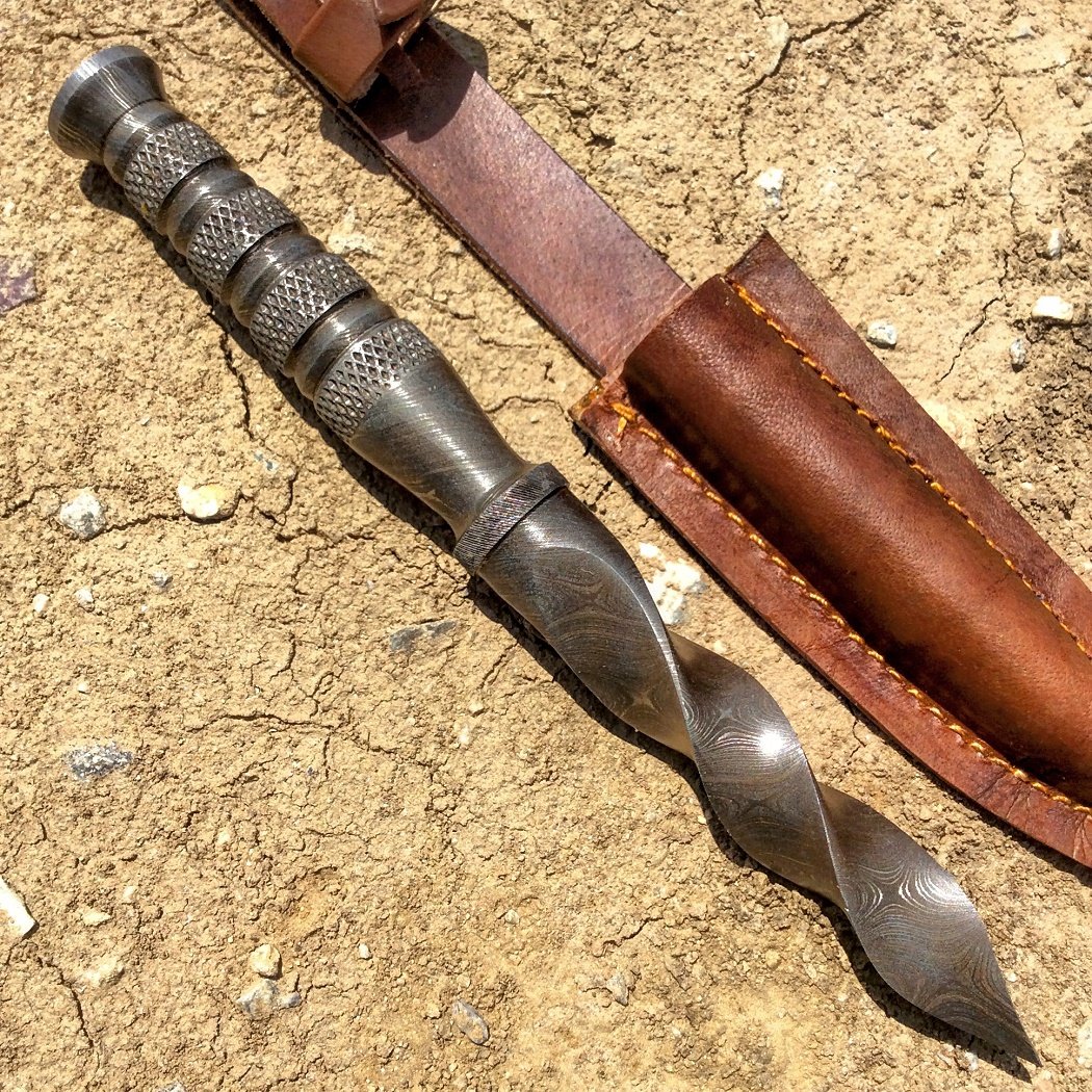 TheBoneEdge 10" Damascus Hunting Knife Kris Blade with Leather Sheath ...