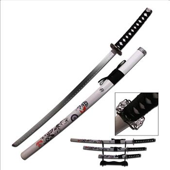 Samurai Sword 3 PIECE Set White Scabbard with Fish Designs | Property Room