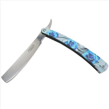 Defender-Xtreme 10" Straight Razor Blue Roses Folding Knife 3CR13 ...