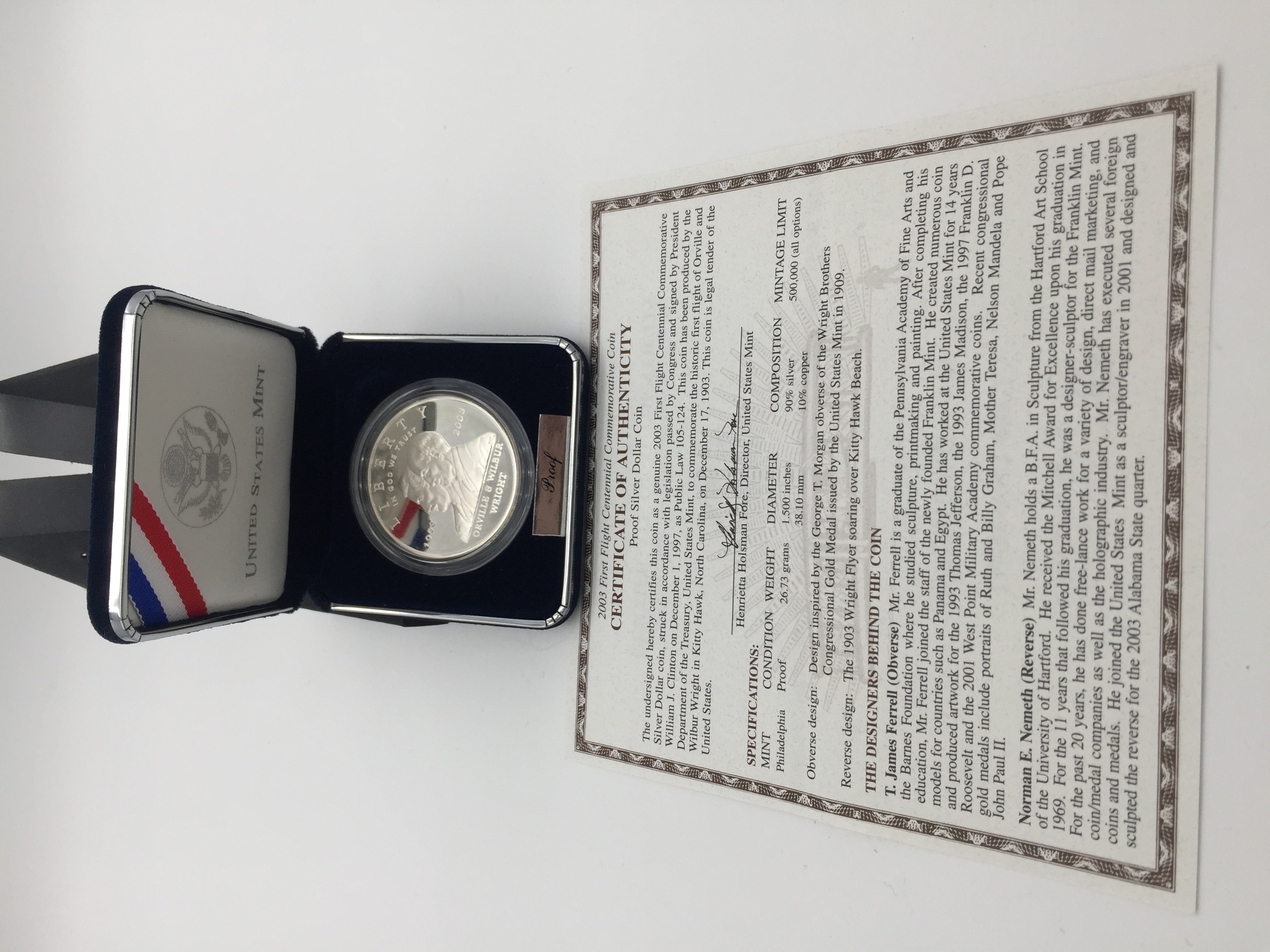 2003 First Flight Centennial Commemorative Proof Silver Dollar Coin ...