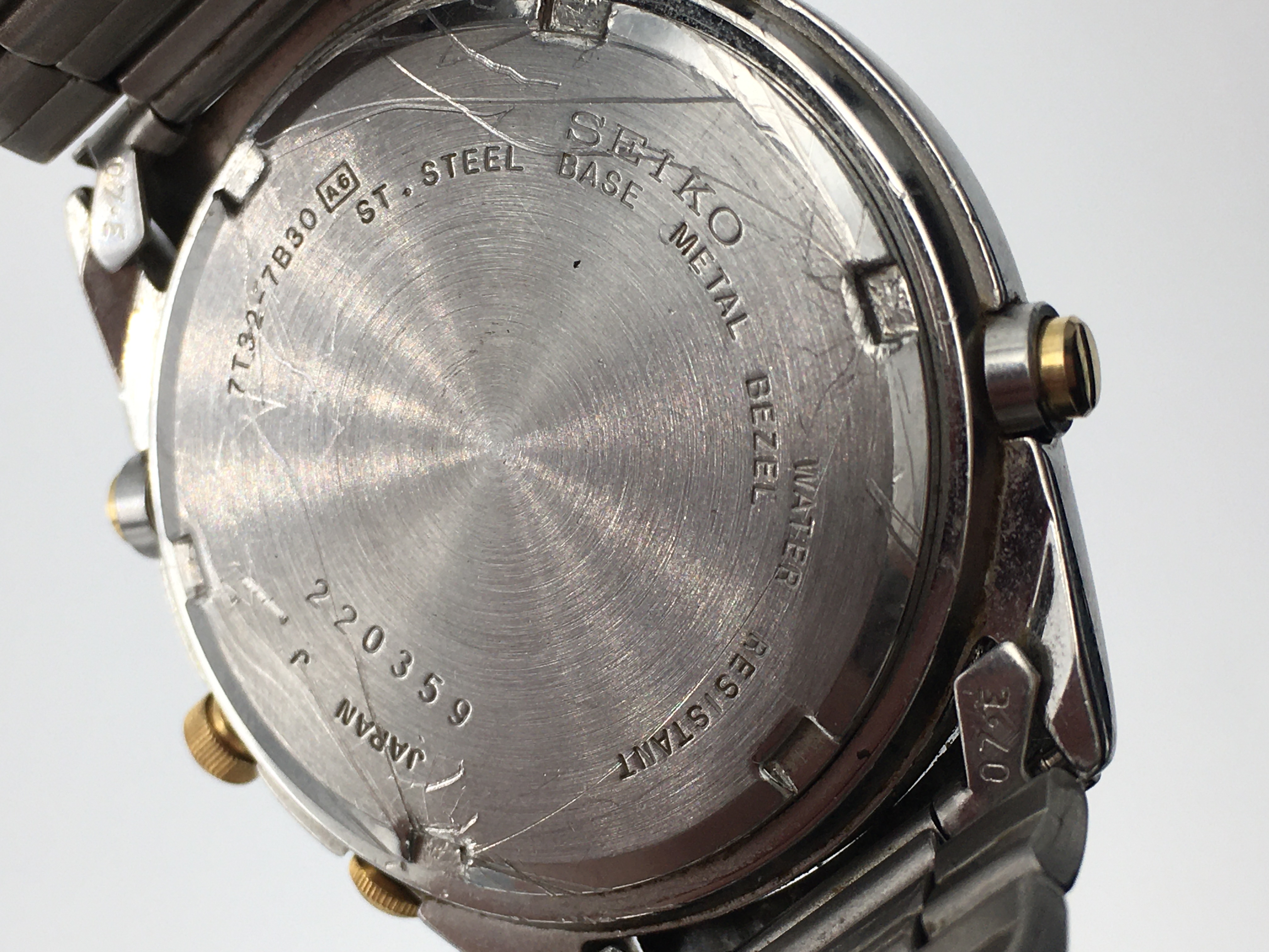 Vintage Seiko Alarm Chronograph Two Tone 7T32-7B30 Quartz Mens Watch 7 1/2 Wrist Scratches on ...