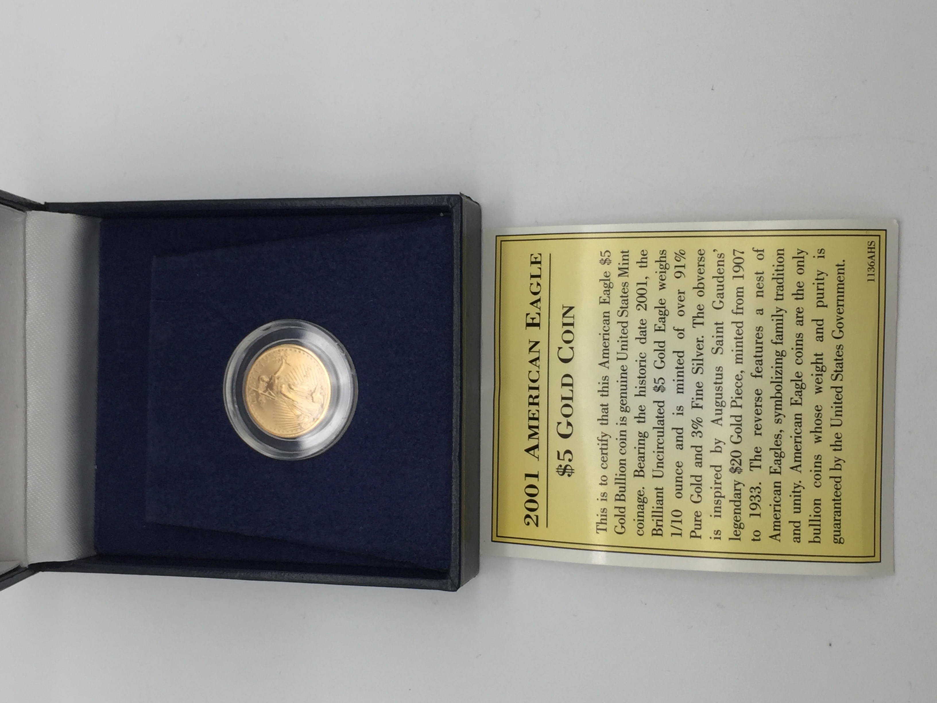 2001 American Eagle $5 Gold Coin 1/10oz 91% pure Gold 3% Fine Silver ...