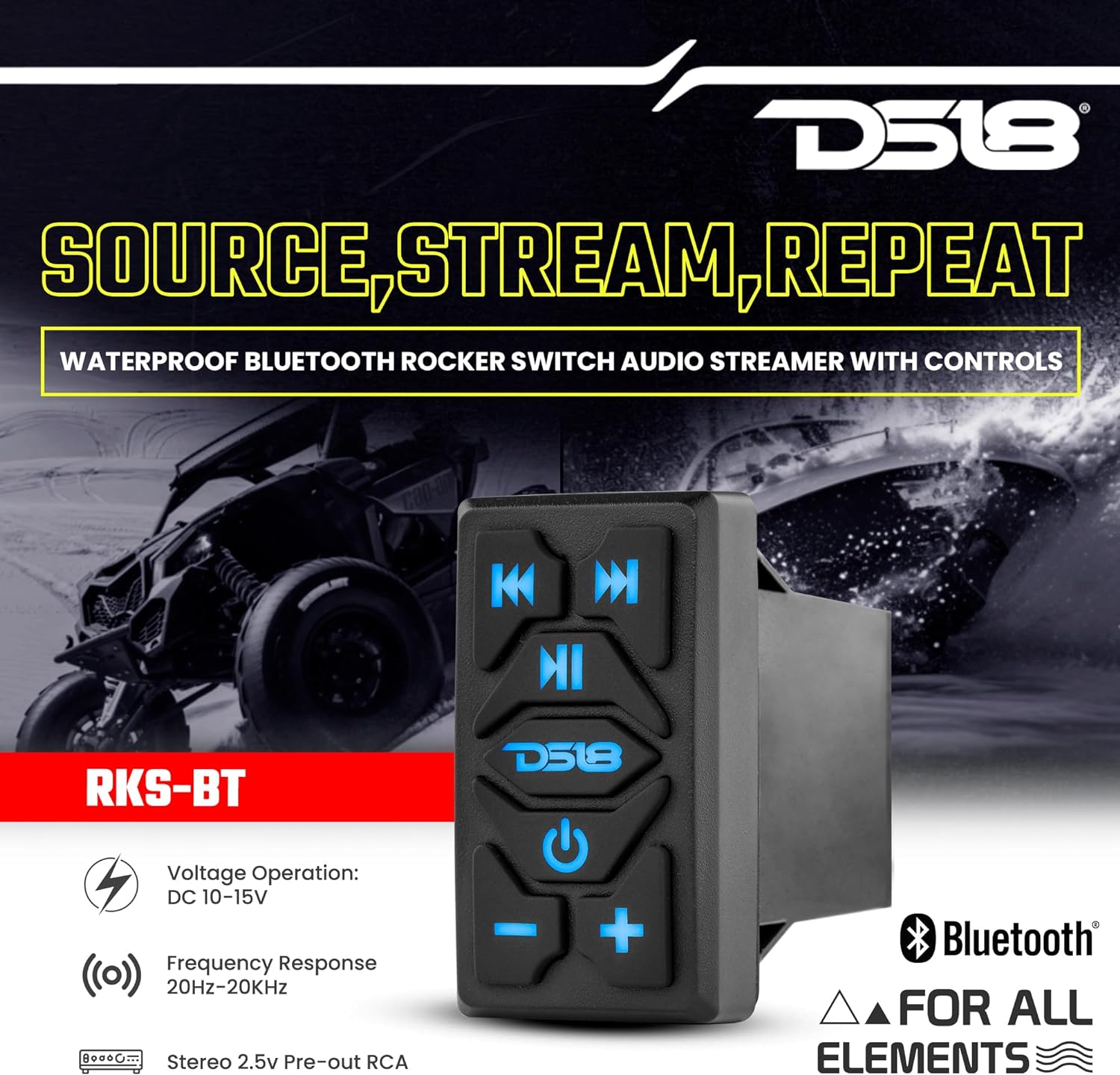 DS18 RKS-BT Waterproof Bluetooth Marine Rocker Switch Audio Streamer ...