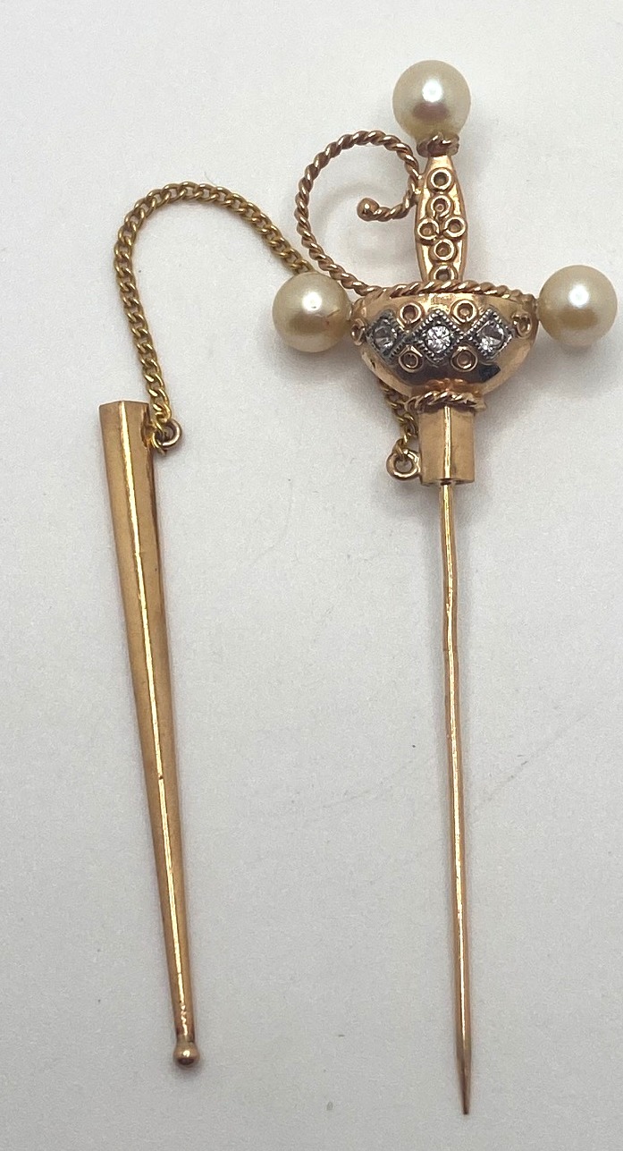 1869 French One Of A Kind Tie / Lapel Gold Pin w/ Diamonds And Pearls ...