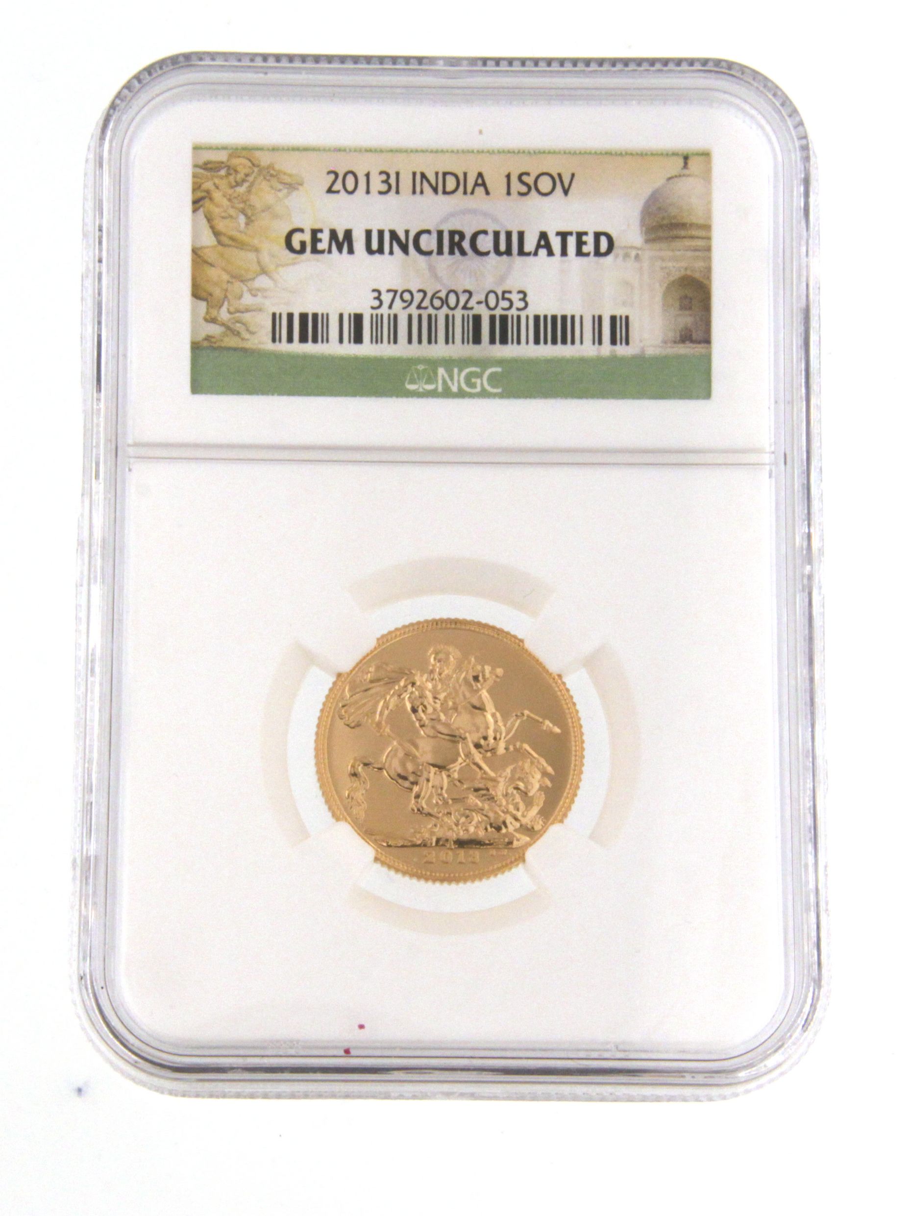 (NGC) GEM UNCIRCULATED 2013 "I" INDIA GOLD SOVEREIGN | Property Room