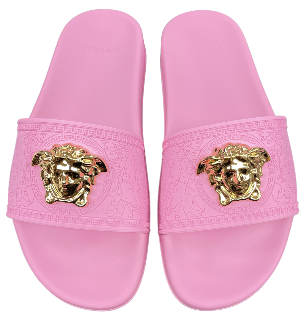 VERSACE PINK PALAZZO POOL SLIDES WITH MEDUSA PLAQUE | Property Room