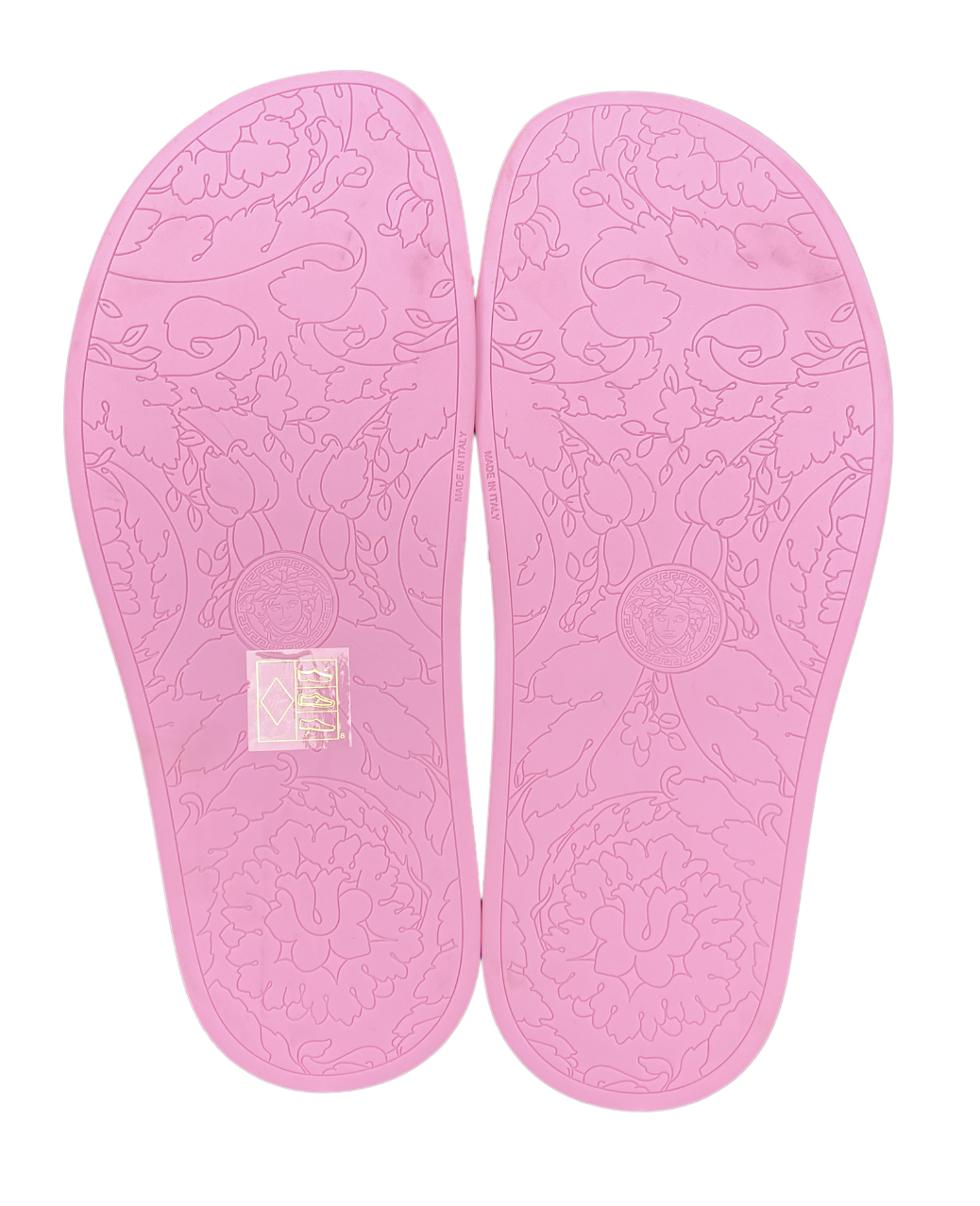 VERSACE PINK PALAZZO POOL SLIDES WITH MEDUSA PLAQUE | Property Room