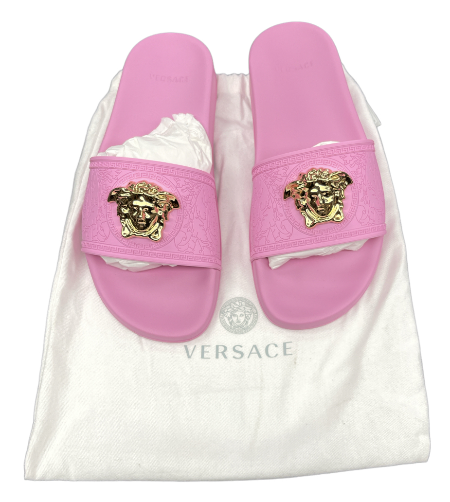 VERSACE PINK PALAZZO POOL SLIDES WITH MEDUSA PLAQUE | Property Room