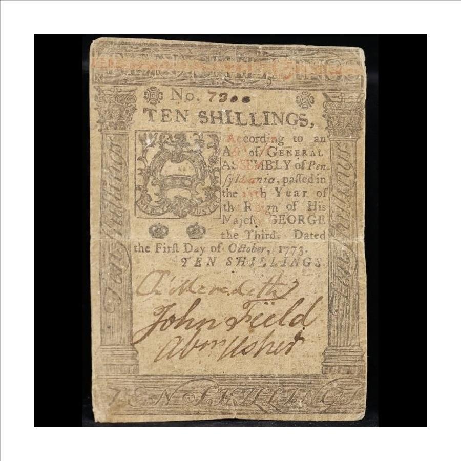 Pennsylvania Colonial Currency October 1st, 1773 10 Shillings (10s) Fr ...