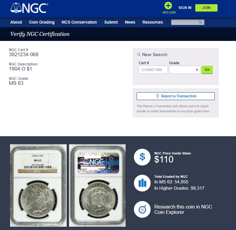 1904-O Morgan Silver Dollar $1 - NGC MS63 - NGC Price Guide $110.00 ...