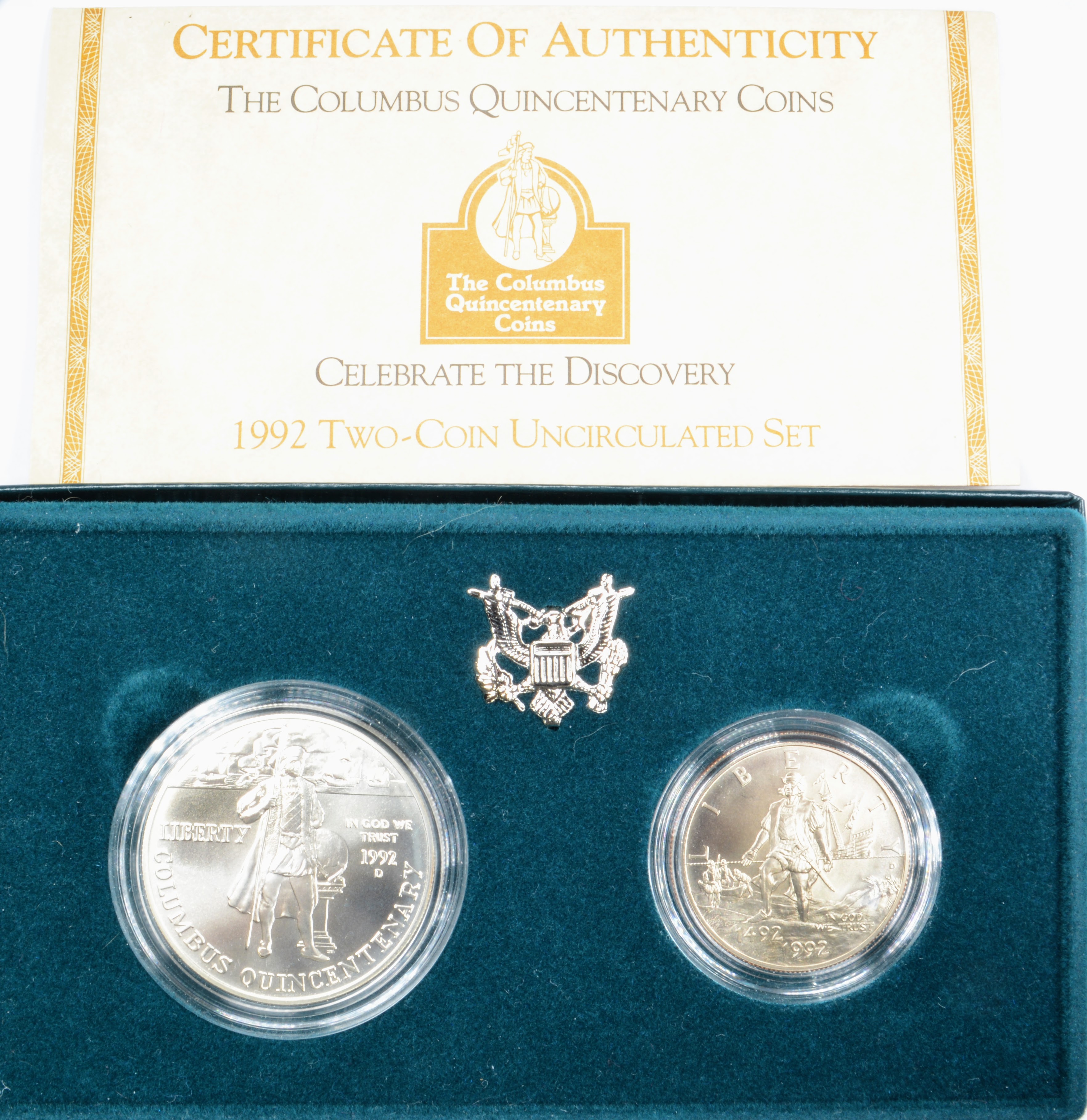 1992 U.S Mint Columbus Quincentenary Silver Proof Two Coin Set with COA ...
