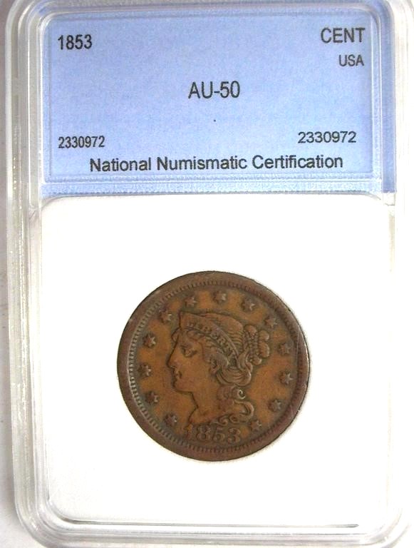 1853 Braided Hair Large Cent - NNC AU50 | Property Room