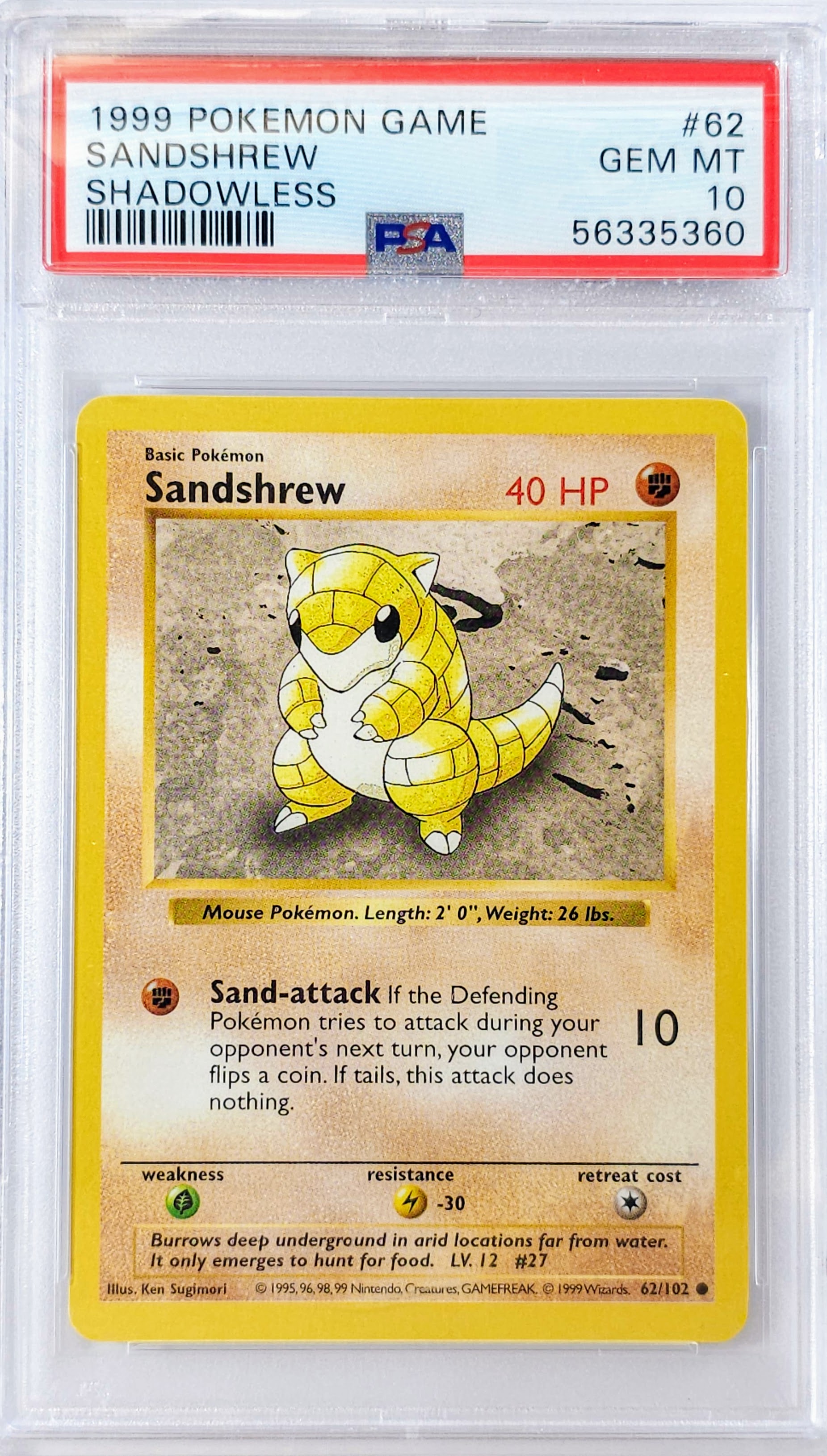 1999 Pokemon Base Set - Sandshrew SHADOWLESS #62 - PSA GEM Mint 10 ...
