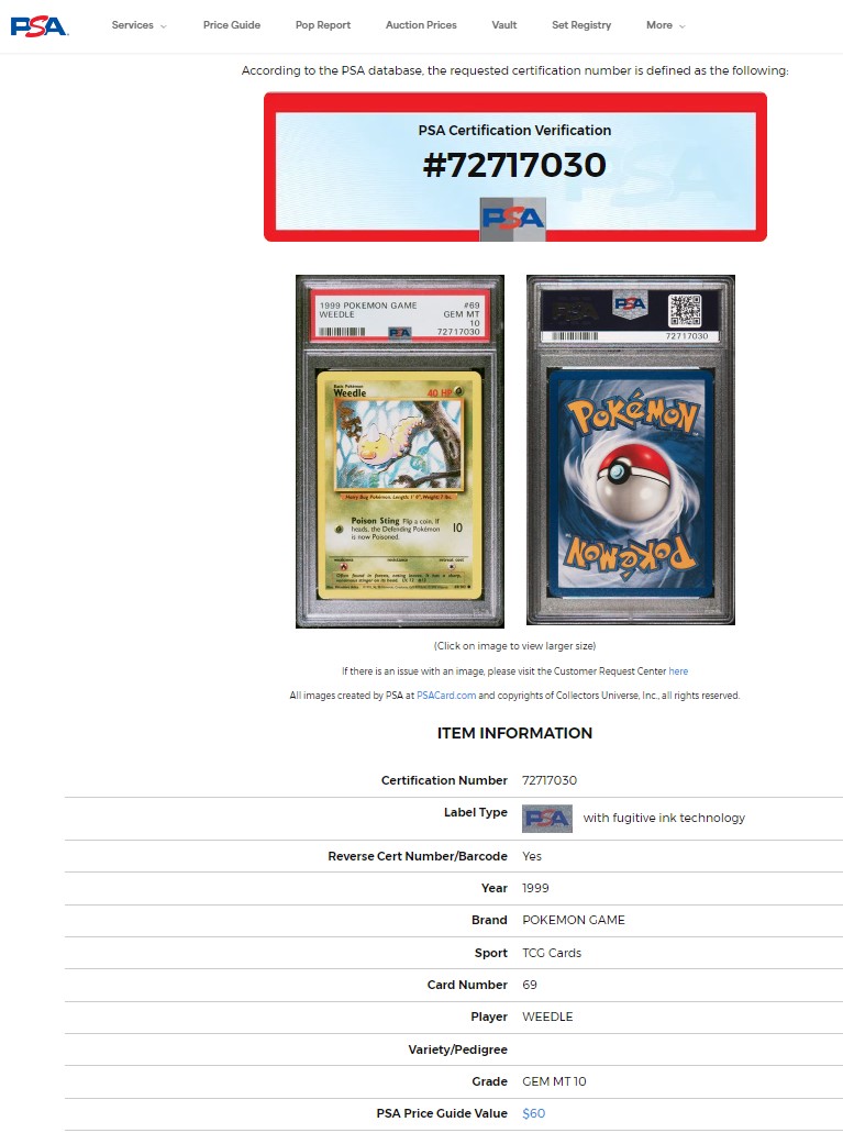 1999 Pokemon Base Set - Weedle #69 - PSA GEM Mint 10 - PSA Price Guide ...