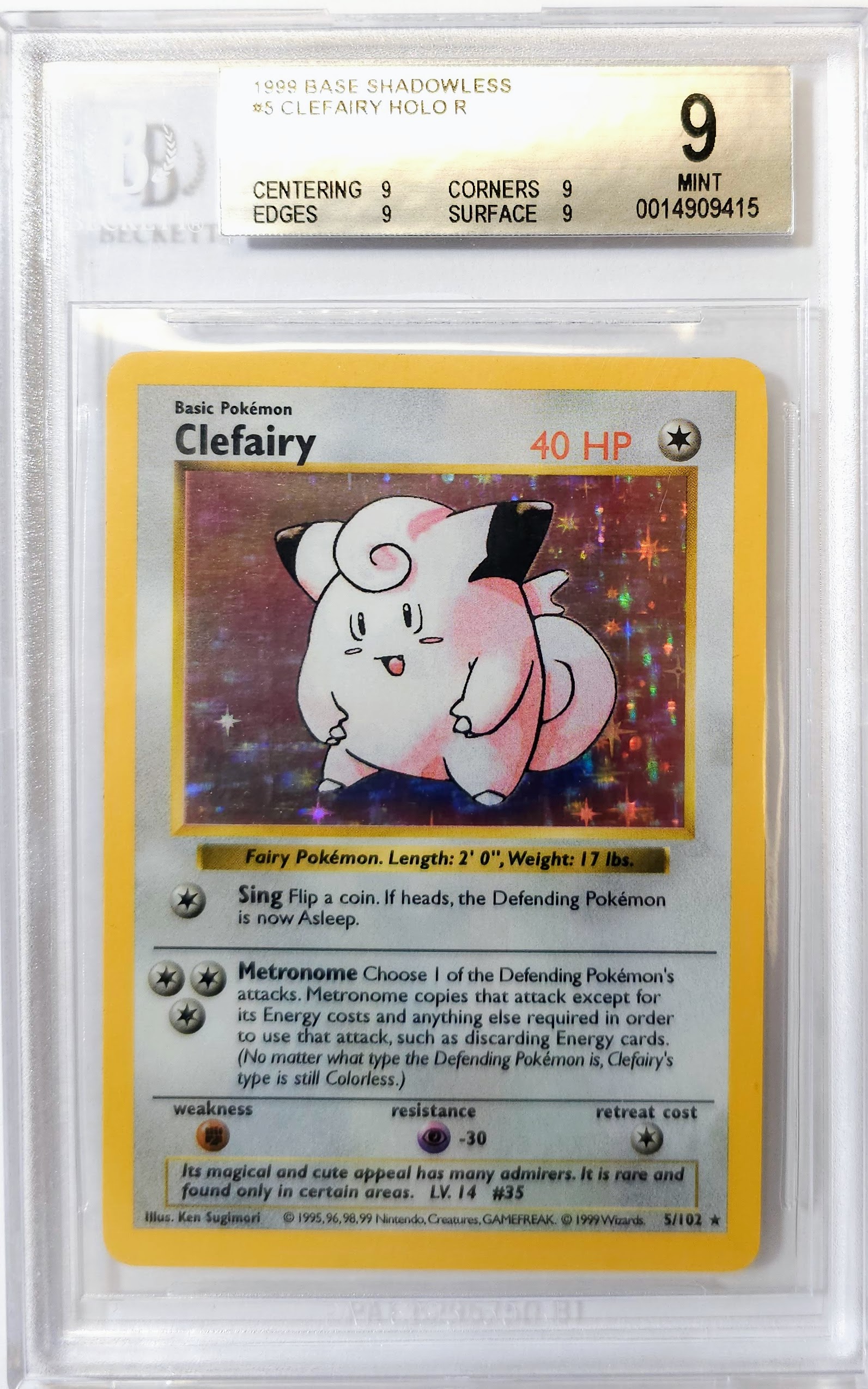 1999 Pokemon CLEFAIRY #5 - Base Set SHADOWLESS HOLO RARE - Beckett MINT ...