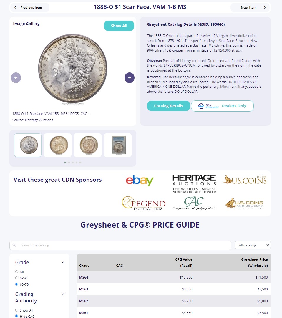 1888-O Morgan Dollar $1 - PCGS MS62 - VAM 1B SCARFACE Early Die State ...