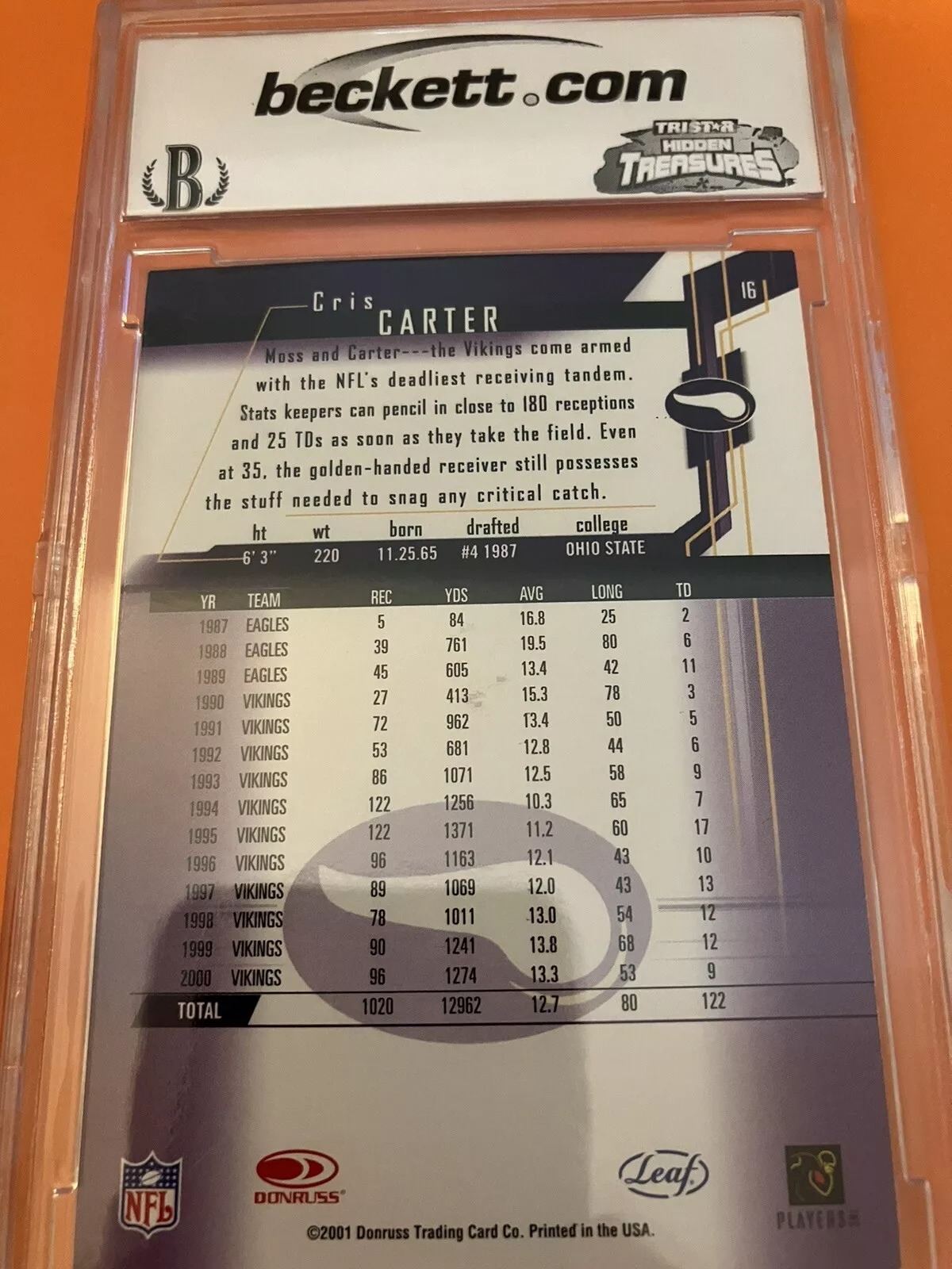 2001 Leaf Rookies And Stars #16 Cris Carter BECKETT BCCG MINT 10 ...