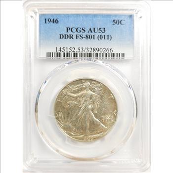 1946 Walking Liberty Half Dollar 50c - PCGS AU53 - DDR Doubled Die Reverse, FS-801 | Property Room