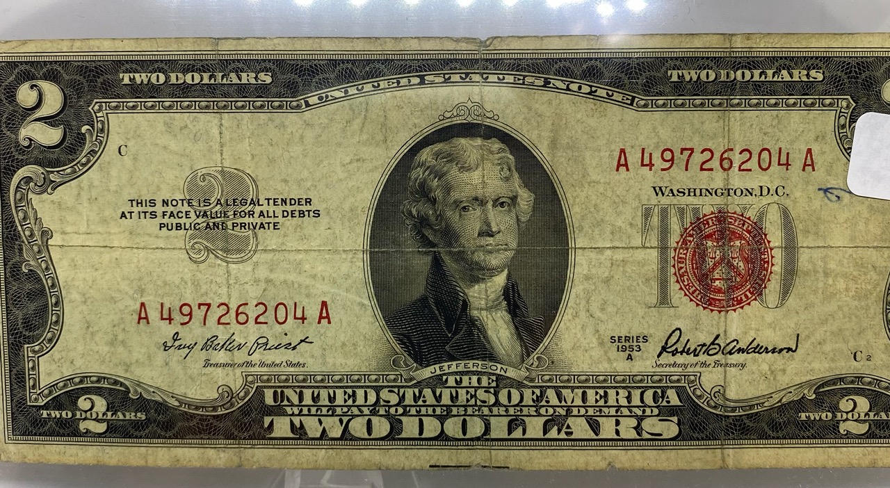 2 pc lot 1953-A two Dollar US note/1957-A US one dollar silver cert ...