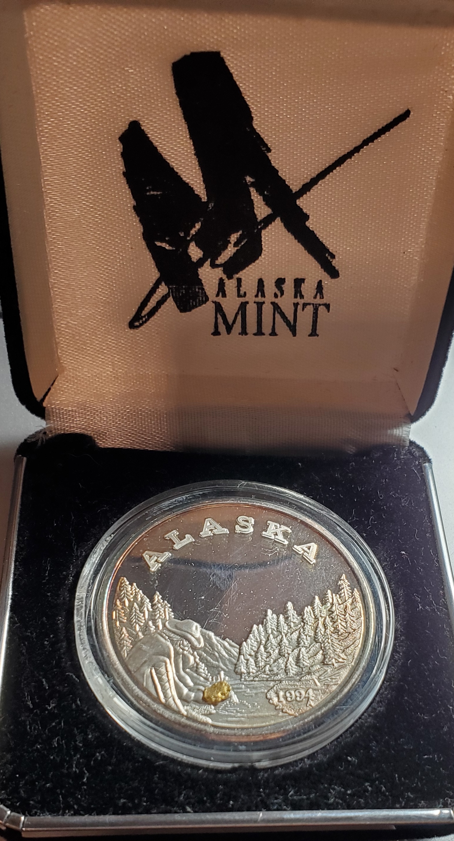1994 Alaska Mint Gem Proof 1oz .999 Silver medal with genuine gold ...