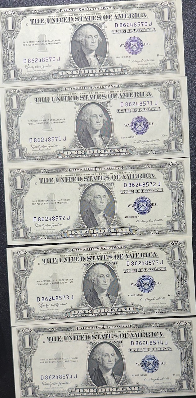 Lot of 10 consecutive serial numbers and uncirculated one dollar Silver ...