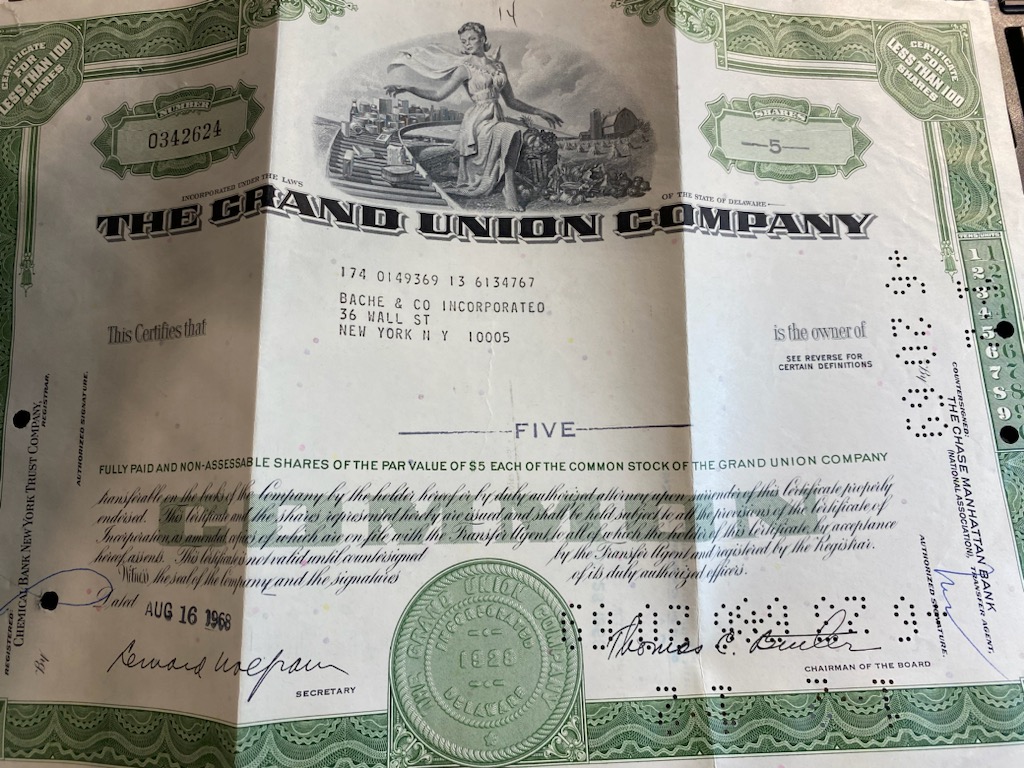 2 pc lot stock certificates -The Grand Union Company and The ...