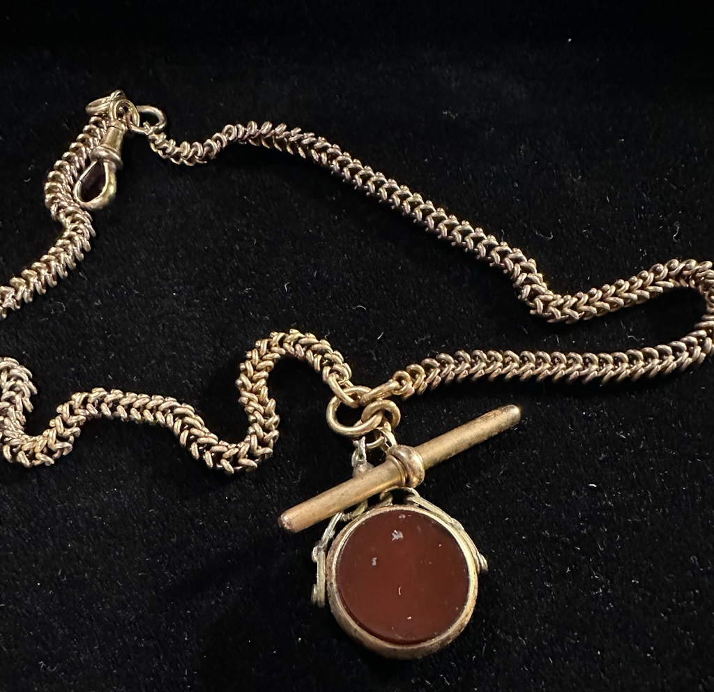 Antique Gold 9ct 375 Watch Chain w/Bloodstone Carnelian Spinner ...