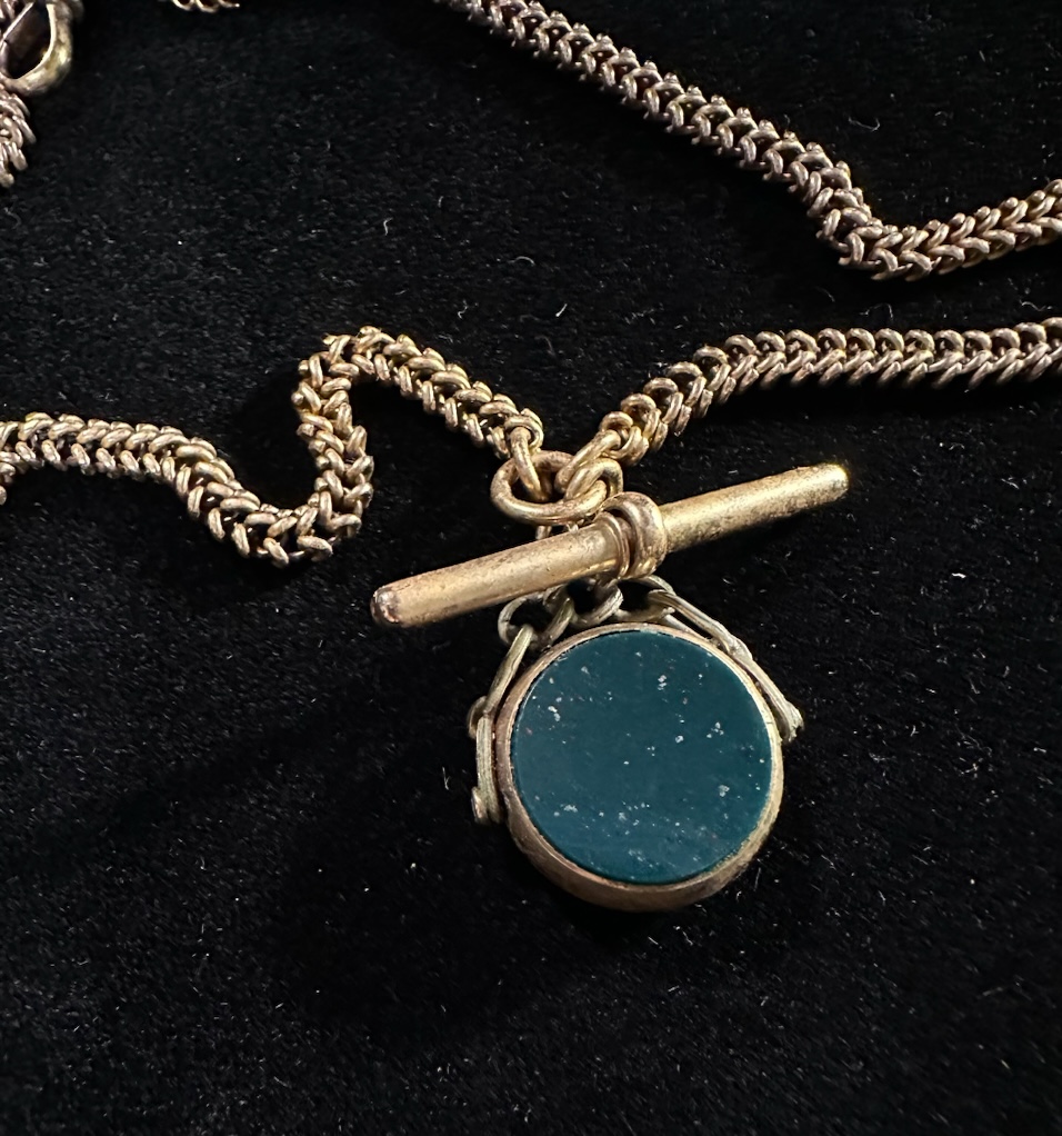 Antique Gold 9ct 375 Watch Chain w/Bloodstone Carnelian Spinner ...